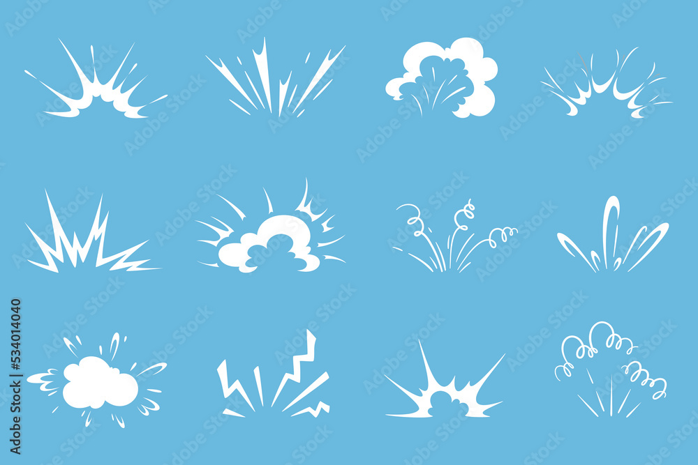 Cartoon bomb explosion, comic clouds boom blasts with bang smoke ...