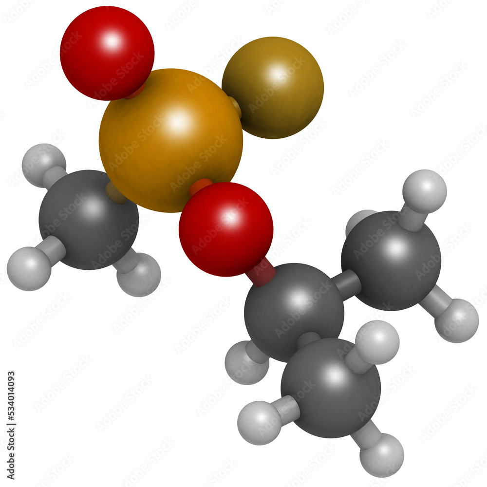 Sarin nerve agent, molecular model. Sarin is a chemical weapon ...