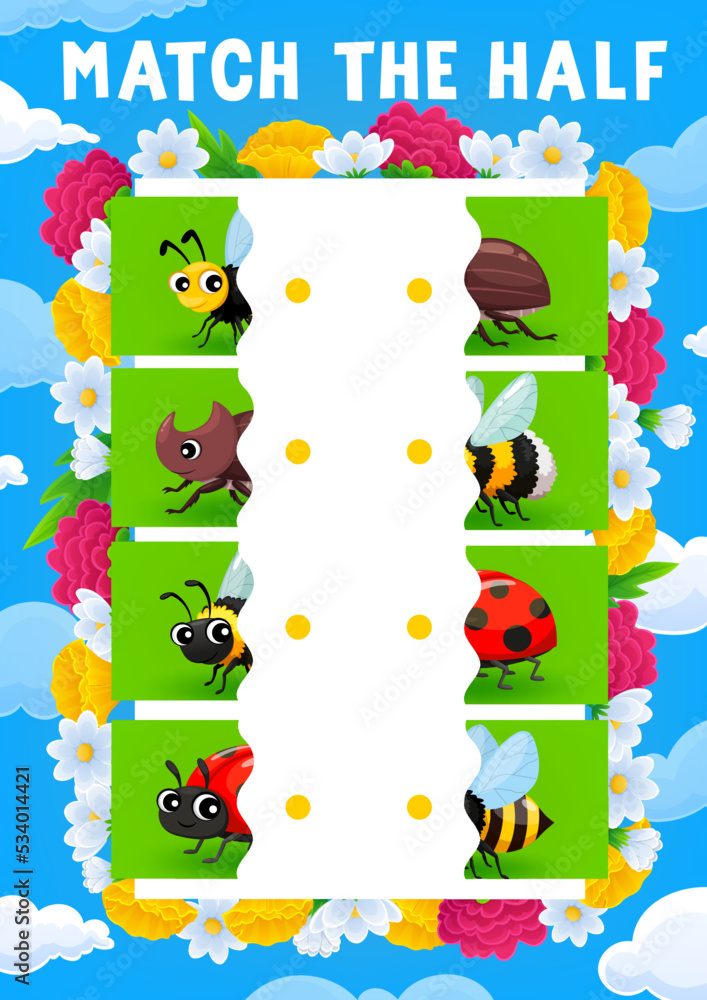 Match the half of cartoon insect characters on summer meadow. Kids game ...