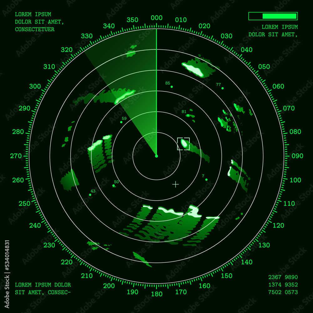 Ship radar screen or military sonar digital display with vector targets ...