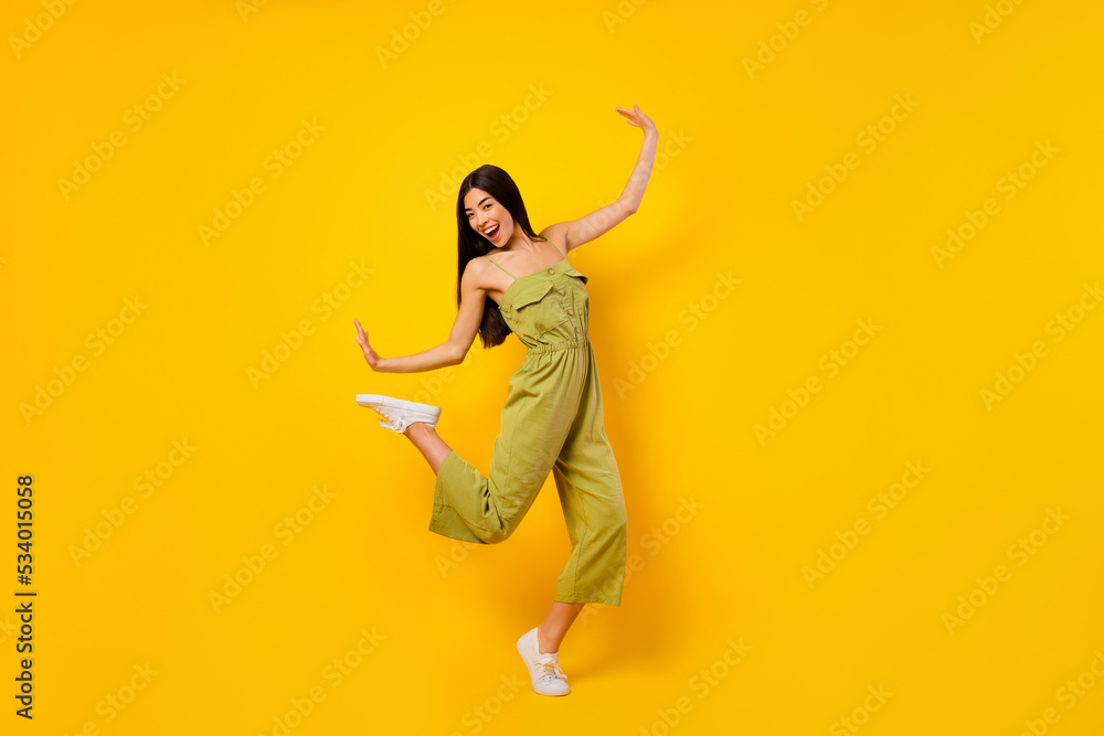 Full length photo of carefree positive girl enjoy dancing clubbing ...