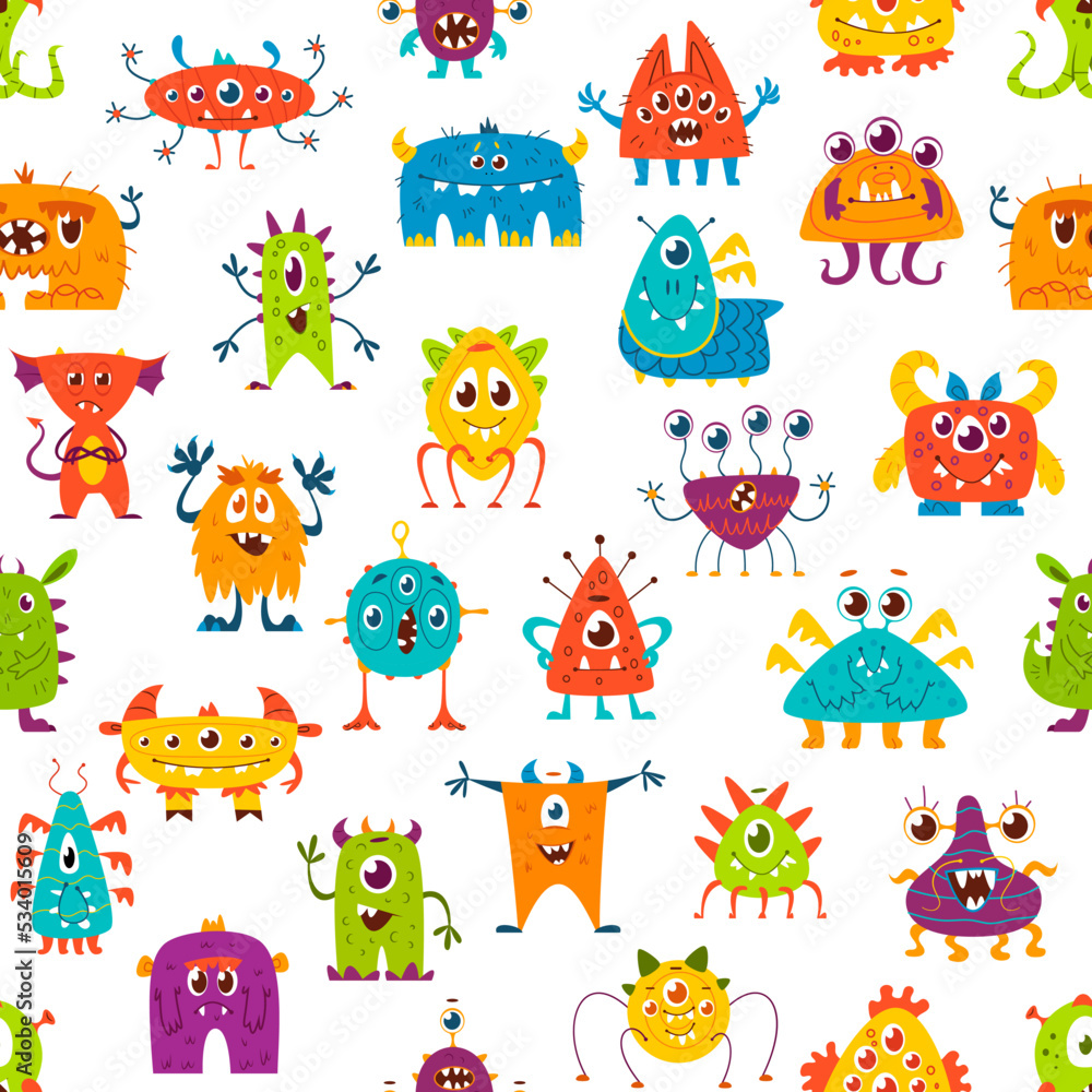 Cartoon monster characters seamless pattern. Funny Halloween monsters ...