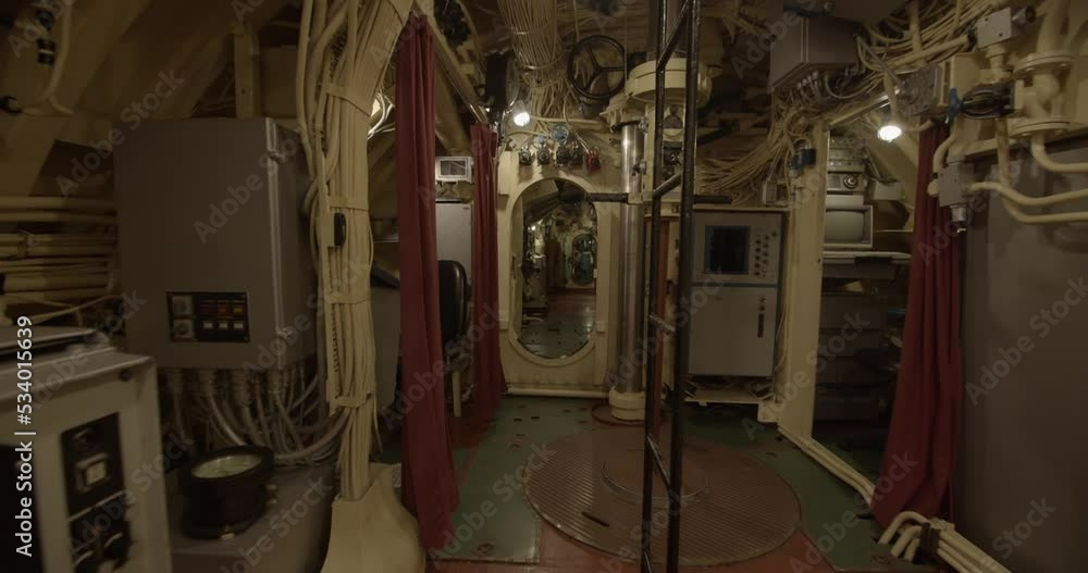 Inside of a submarine with the engine and pressure gauge, Interior tour ...