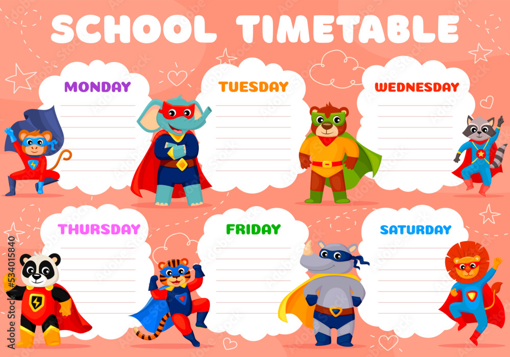 School timetable schedule, cartoon superhero animal characters in super ...