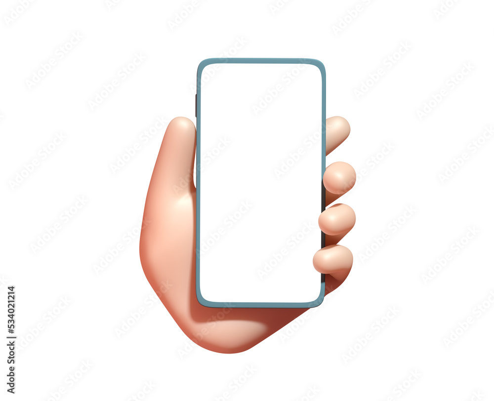 3d cartoon hand holding smartphone isolated on white background. Mobile ...