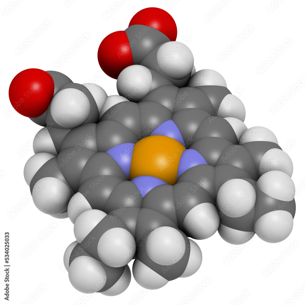 Heme B (haem B) molecule. Heme is an essential component of hemoglobin ...