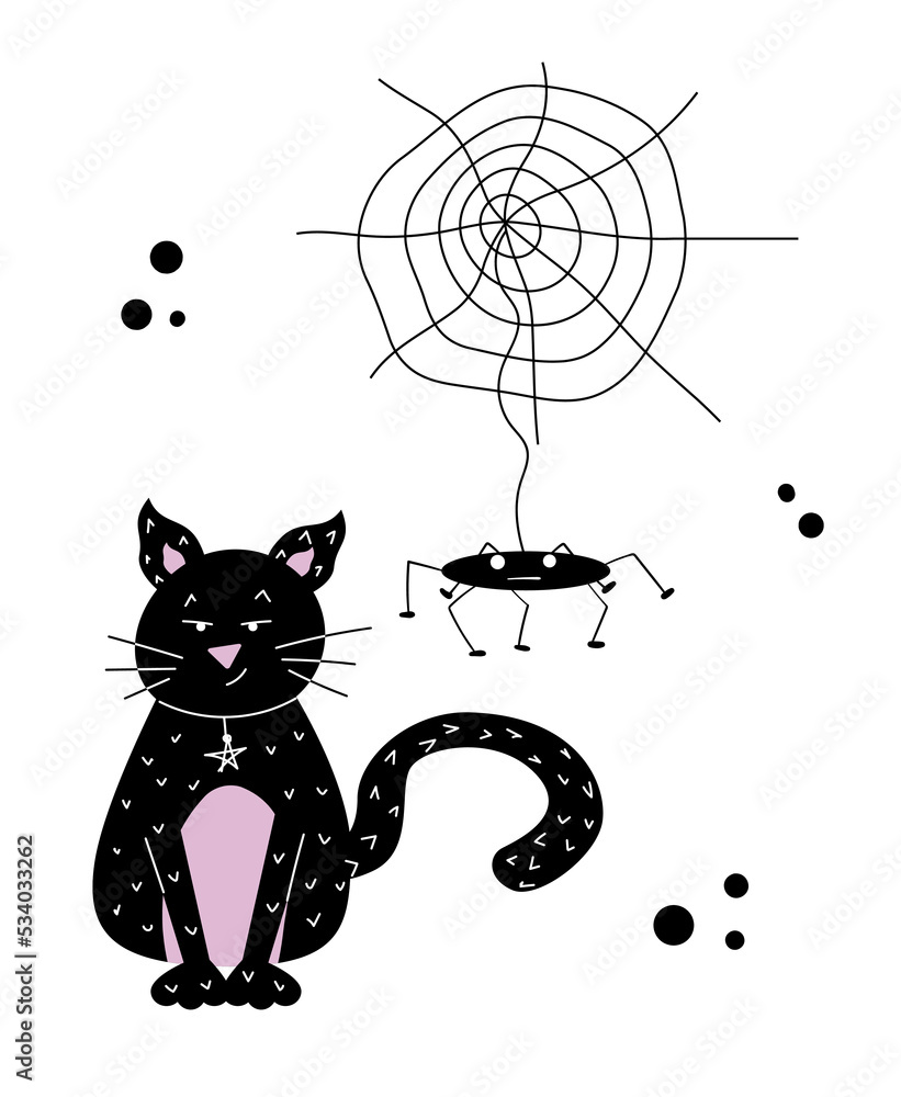 Happy Halloween illustration with cute black cat, spider web and cute ...