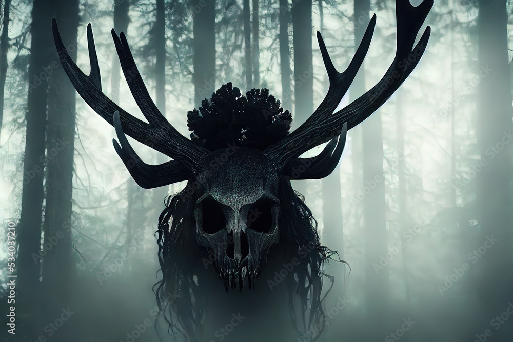Wendigo wearing moose skull stands in the middle of a green forest with ...