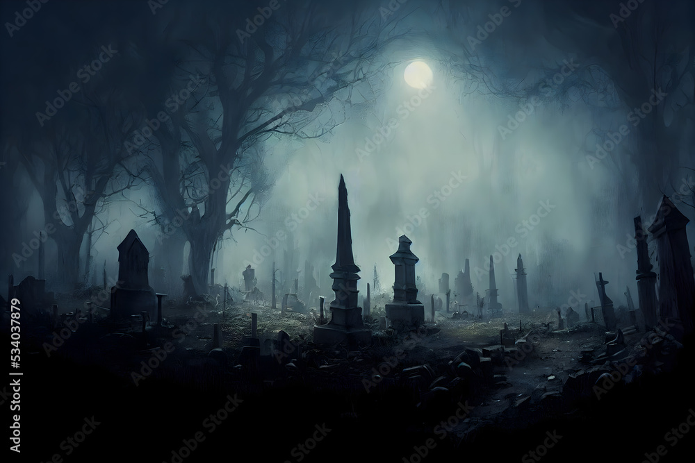 Dark Misty Haunted Abandoned Graveyard Lit by Moonlight Concept Art ...