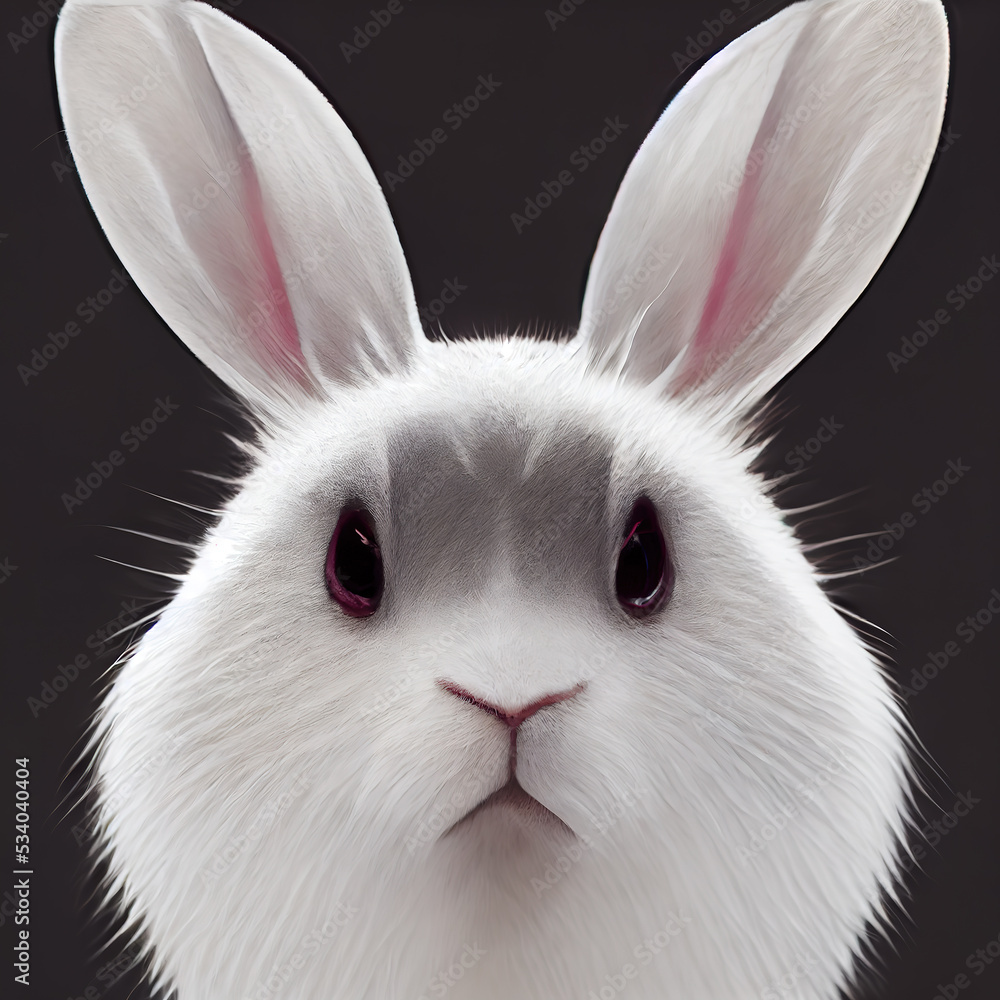 The muzzle of a cute fluffy rabbit. The head of a white bunny. Digital ...