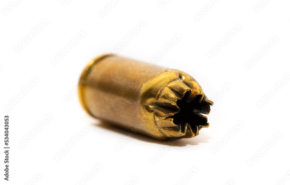 A 44 magnum pistol case with a 9mm bullet isolated on a white ...