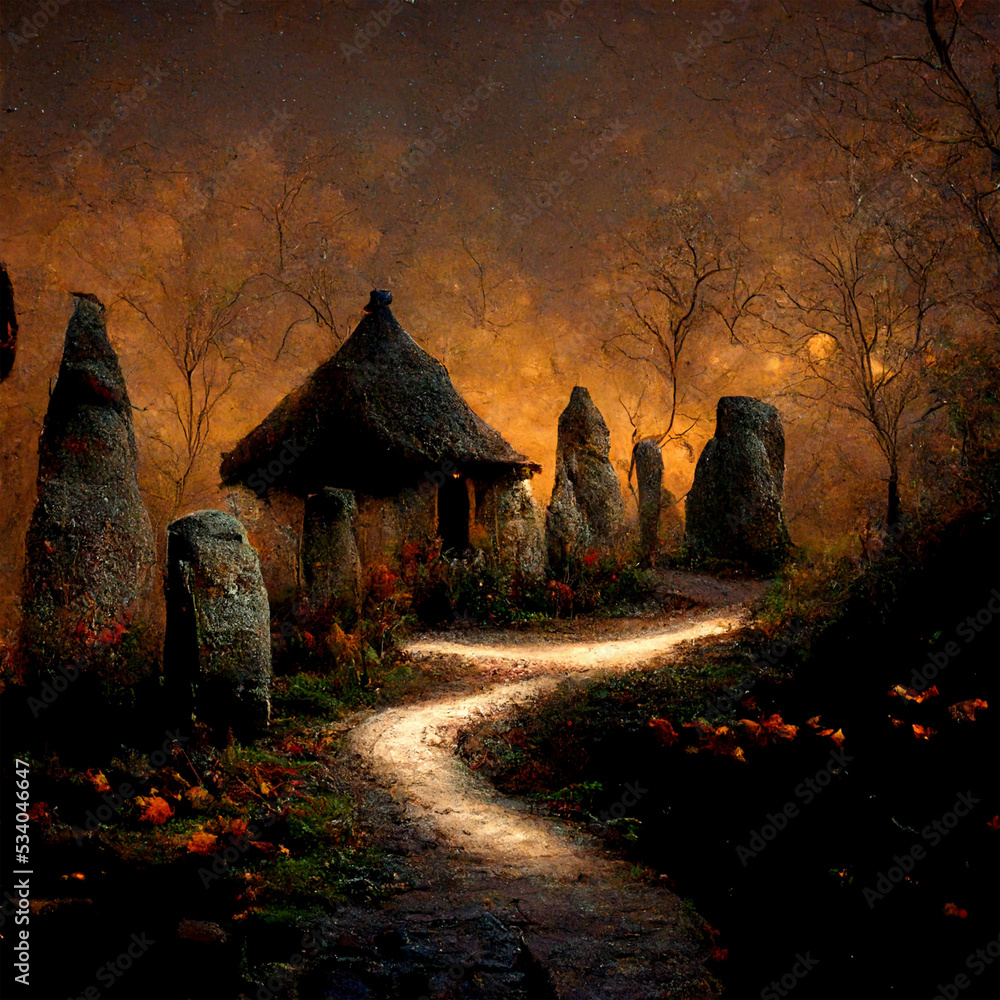 Stone Path Stone House Spooky Mystical Village Halloween Background. AI ...