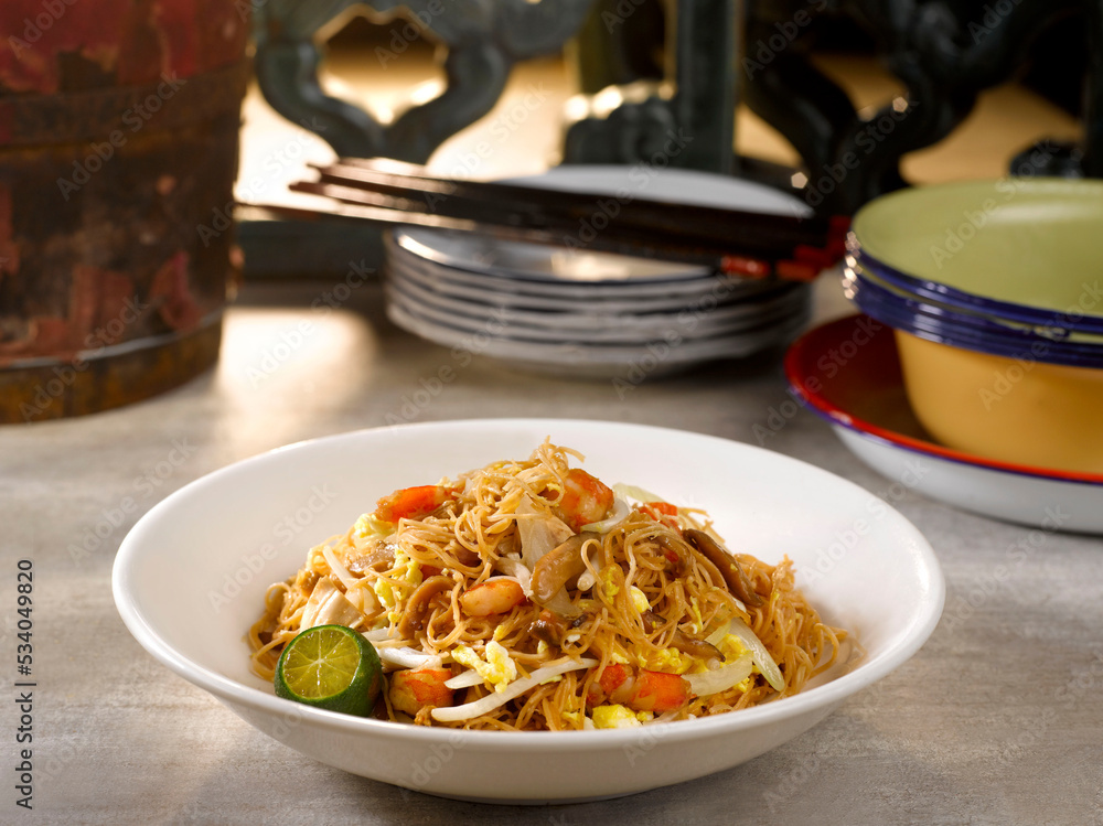 Penang Fried Mee Suah served in a dish isolated on table side view ...