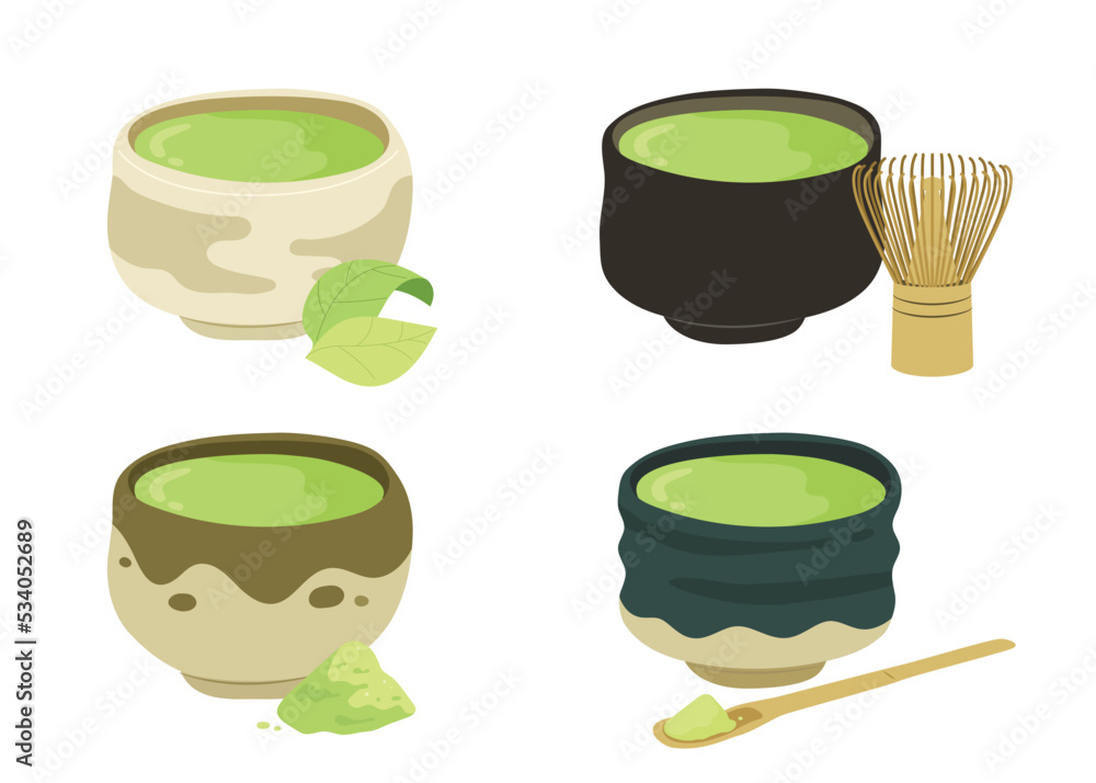 Set of Japanese matcha bowls with wooden spoon and whisk, green tea ...
