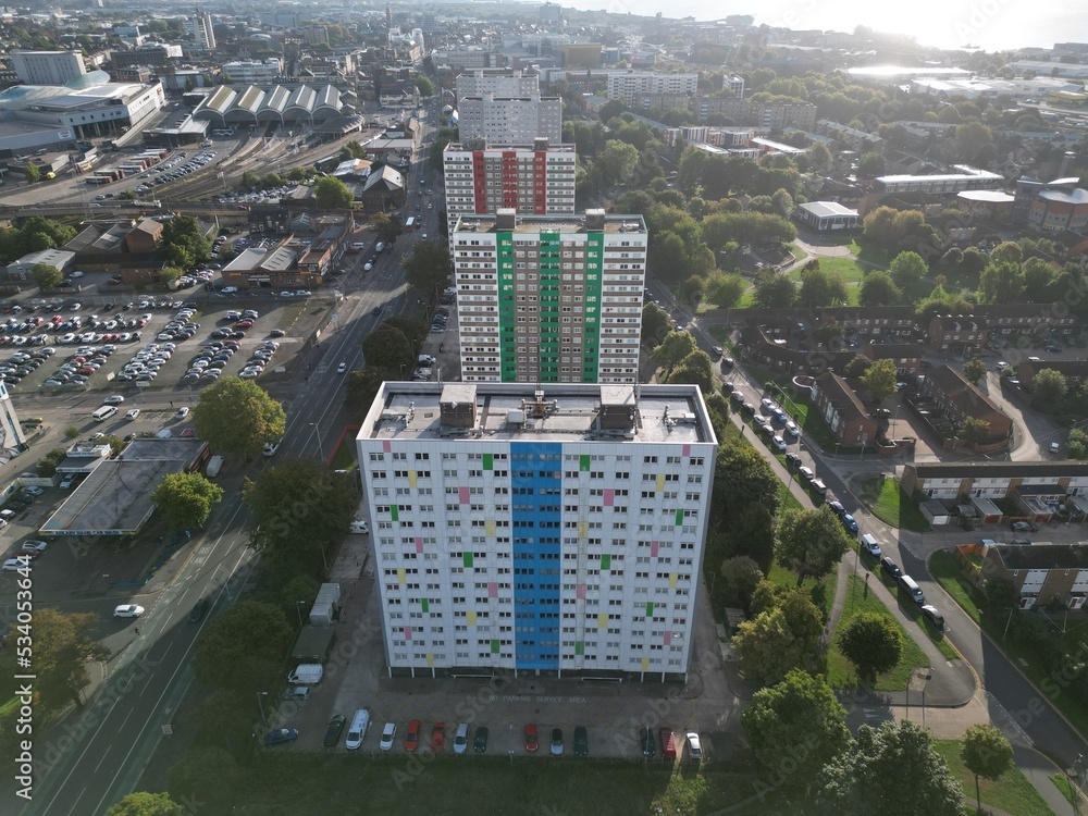 aerial view of tower blocks in Great Thornton Street, The insulation ...