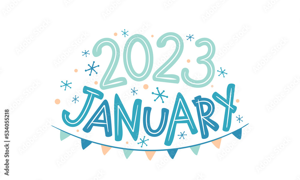 January 2023 logo with hand drawn snowflakes and garland. Months emblem ...