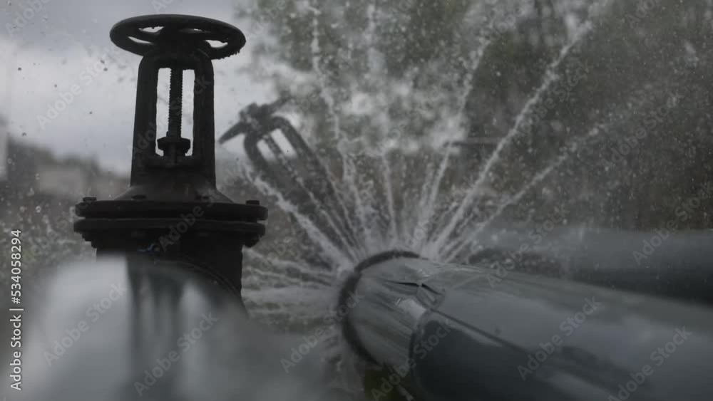 Burst pipe. Pipeline accident. Industrial disaster. Flow of boiling ...