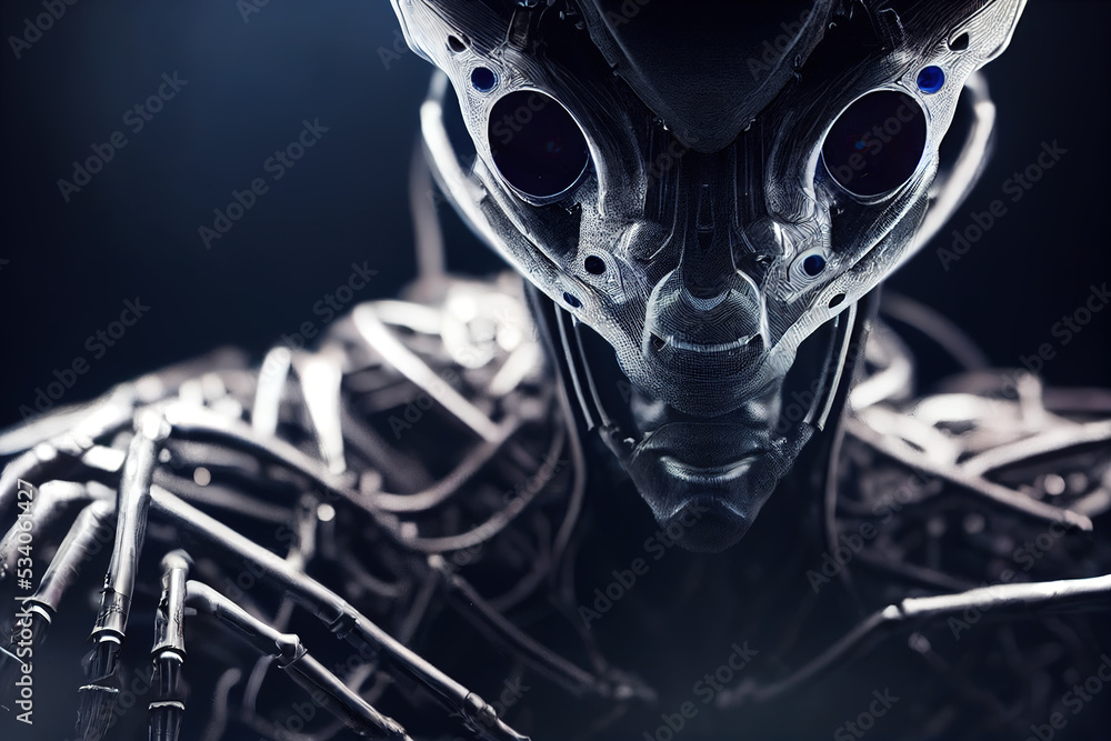3 D render. Alien warrior, biomechanical creatures, cyborg, robot ...