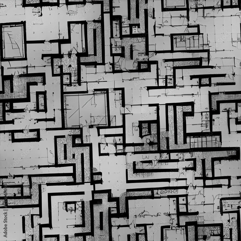 A top-view pattern map of a dungeon floor plan with rooms and doors. A ...