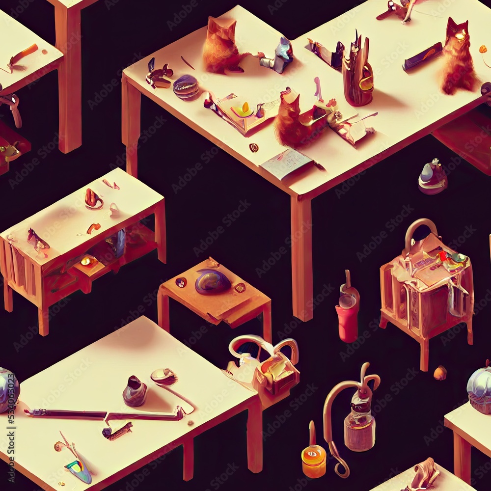 3D isometric pattern of a fantasy laboratory with chemical tools, books ...