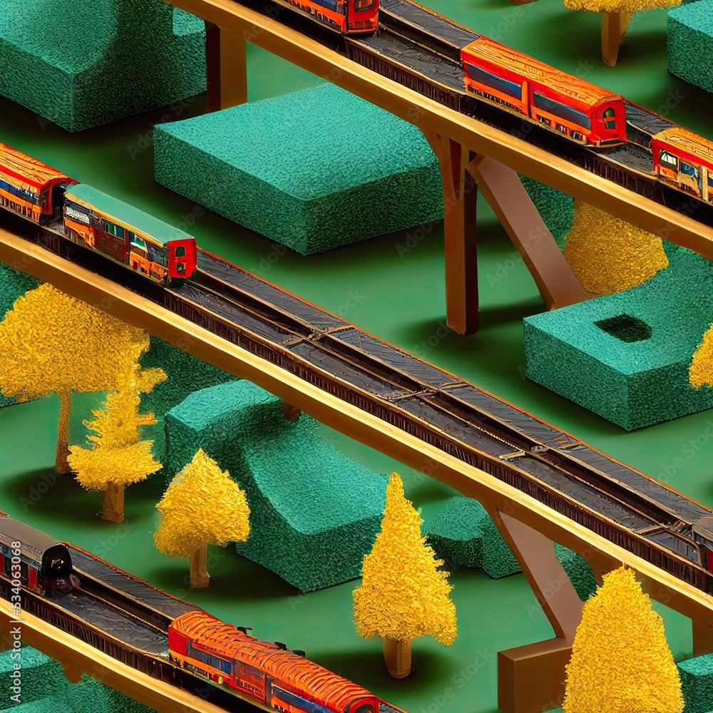 3D isometric pattern of a toy railway with trains and rails. Game map ...