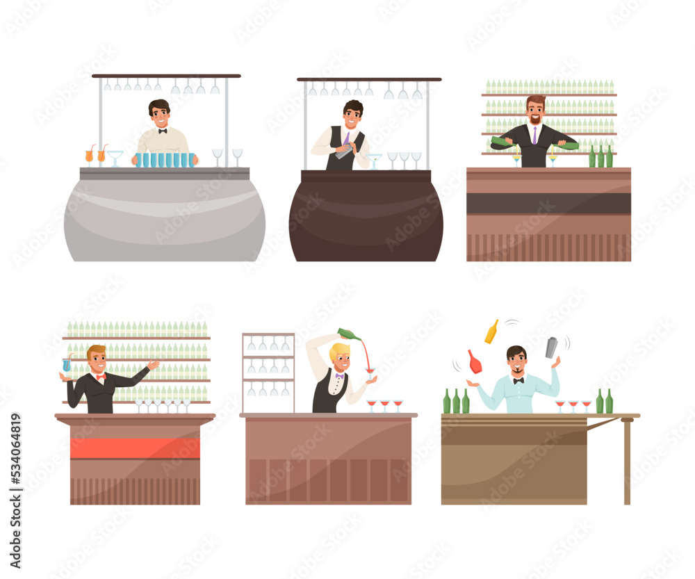 Professional bartenders mixing drinks at bar counter set cartoon vector ...