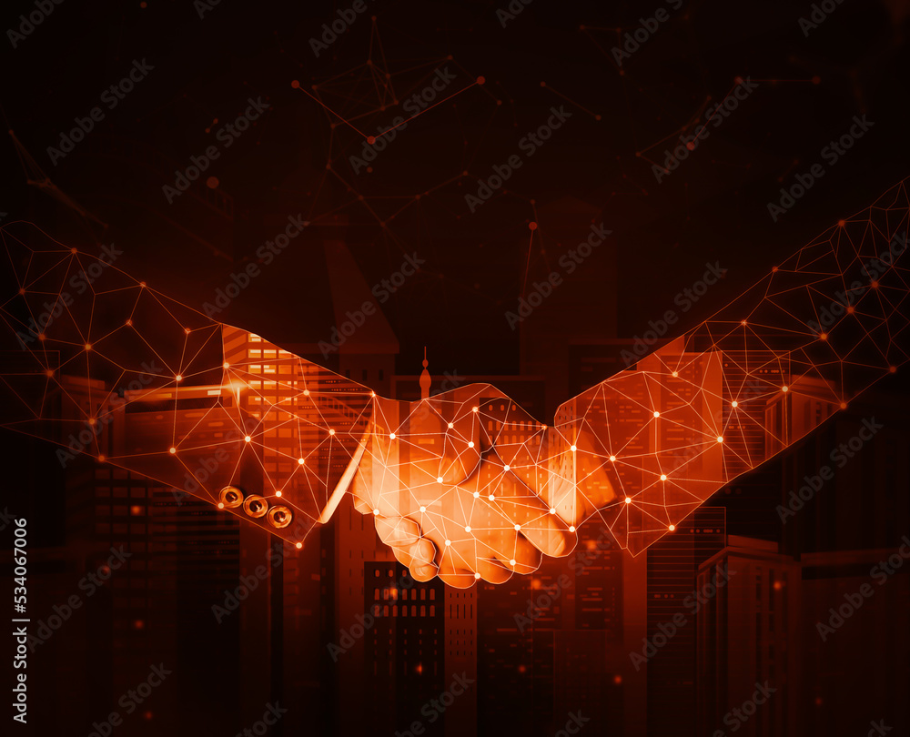Modern and futuristic handshake technology background with buildings ...
