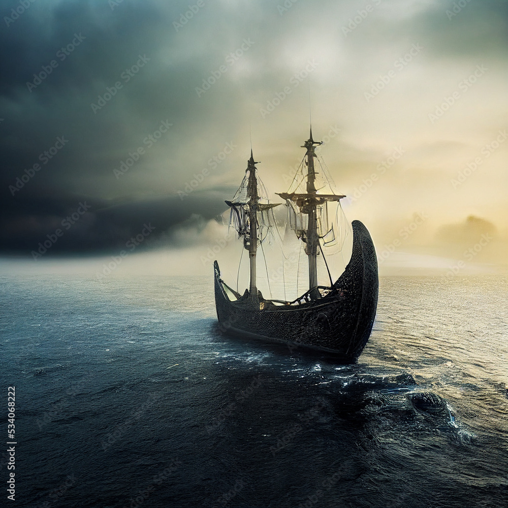 Viking`s battle ship Drakar in the middle of stormy sea. Stock ...