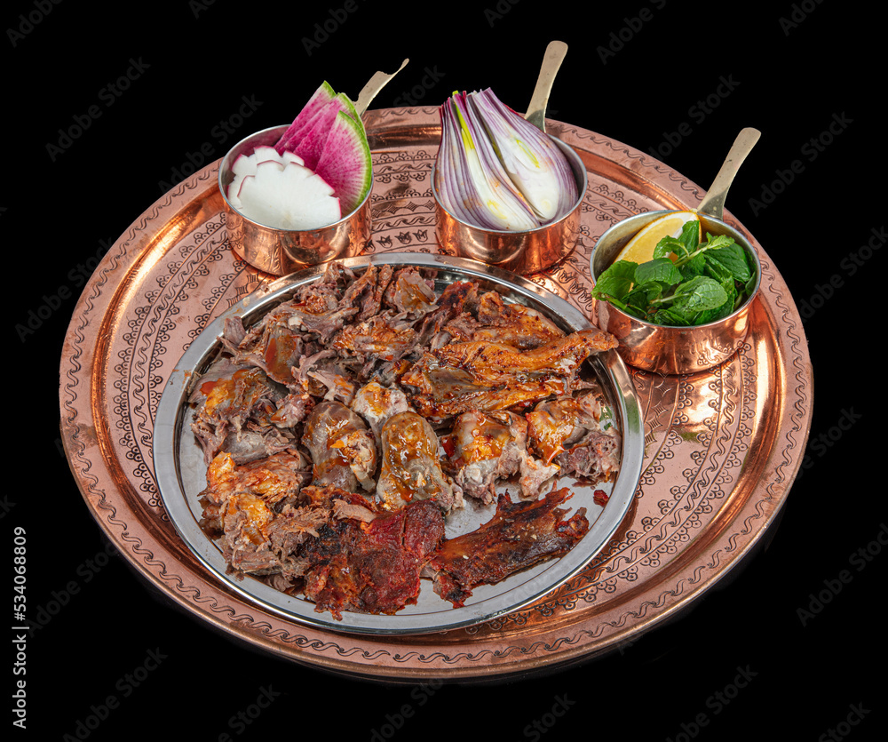 Turkey national cuisine dish Roasting lamb with meat. Roasted head of ...