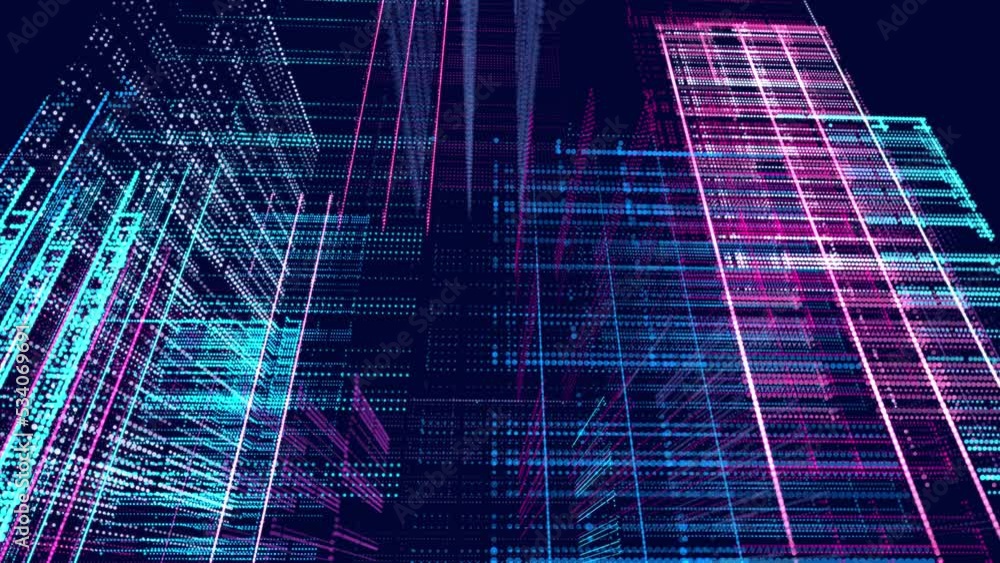 vj loop abstract sci-fi bg glow particles form lines, colomns structure ...