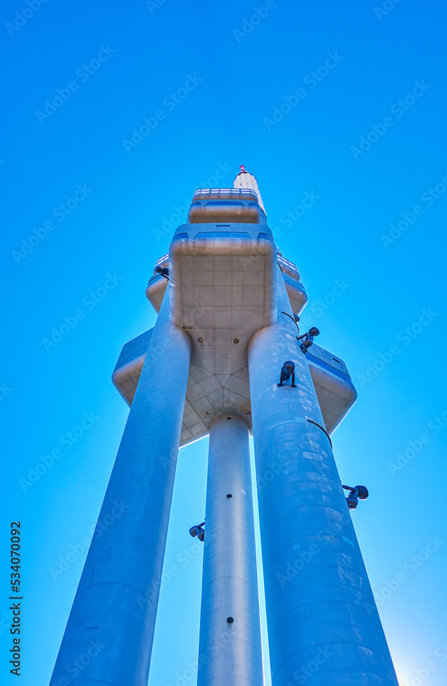 Zizkov TV Tower is the iconic building and the symbol of the city, on ...