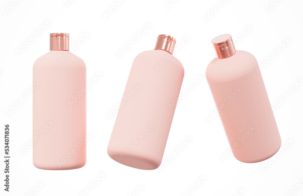 Different views of pink plastic shampoo bottle 3D render isolated on ...