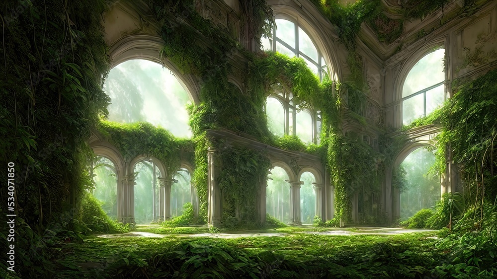 A garden in a majestic architectural building with large stained glass ...