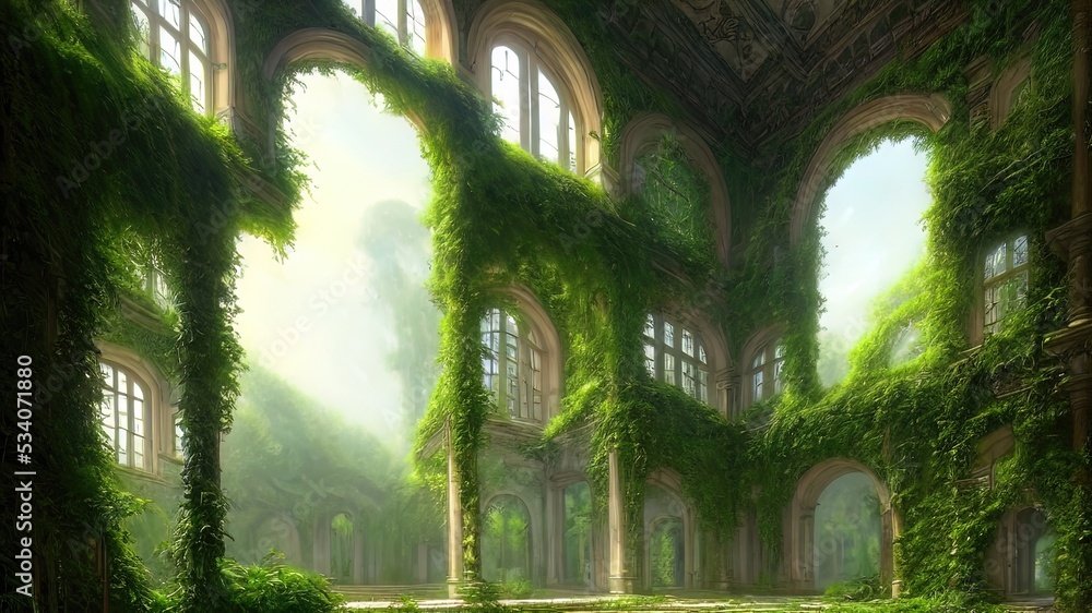 A garden in a majestic architectural building with large stained glass ...