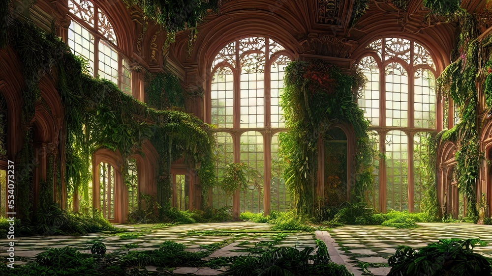 A garden in a majestic architectural building with large stained glass ...