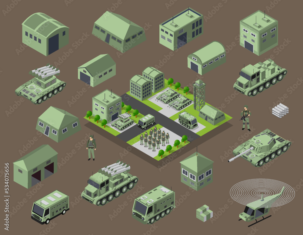 Set of army armed troop isometric armed military transport objects ...