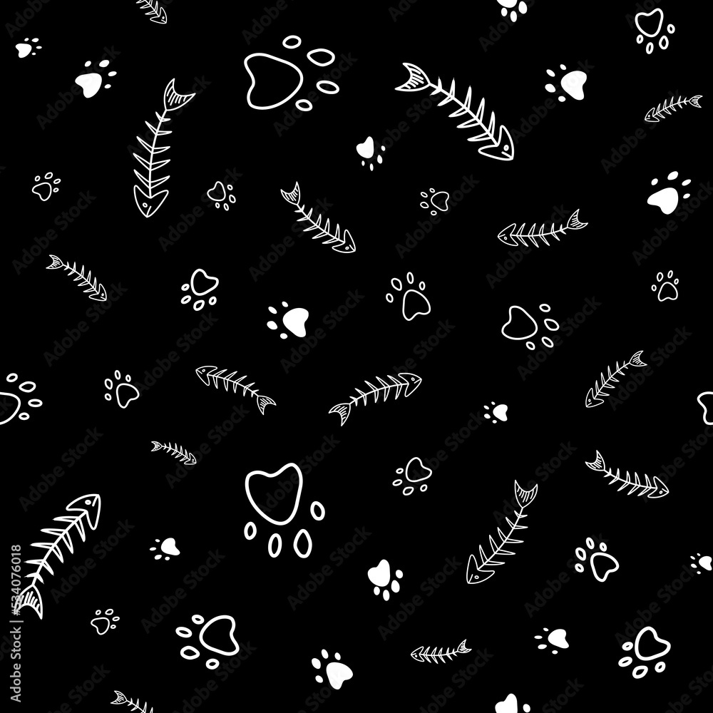 Seamles vector pattern with colored paw prints and fish skeleton, cats ...
