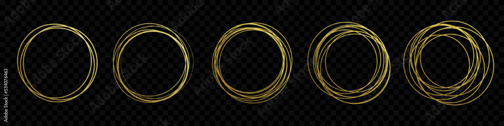 Gold hand drawn circle line sketch set. Vector golden circular scribble ...