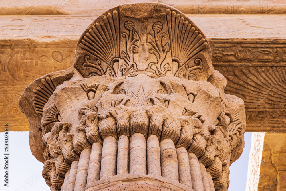 Capital of a column carved like a palm, at the Philae Temple, a UNESCO ...