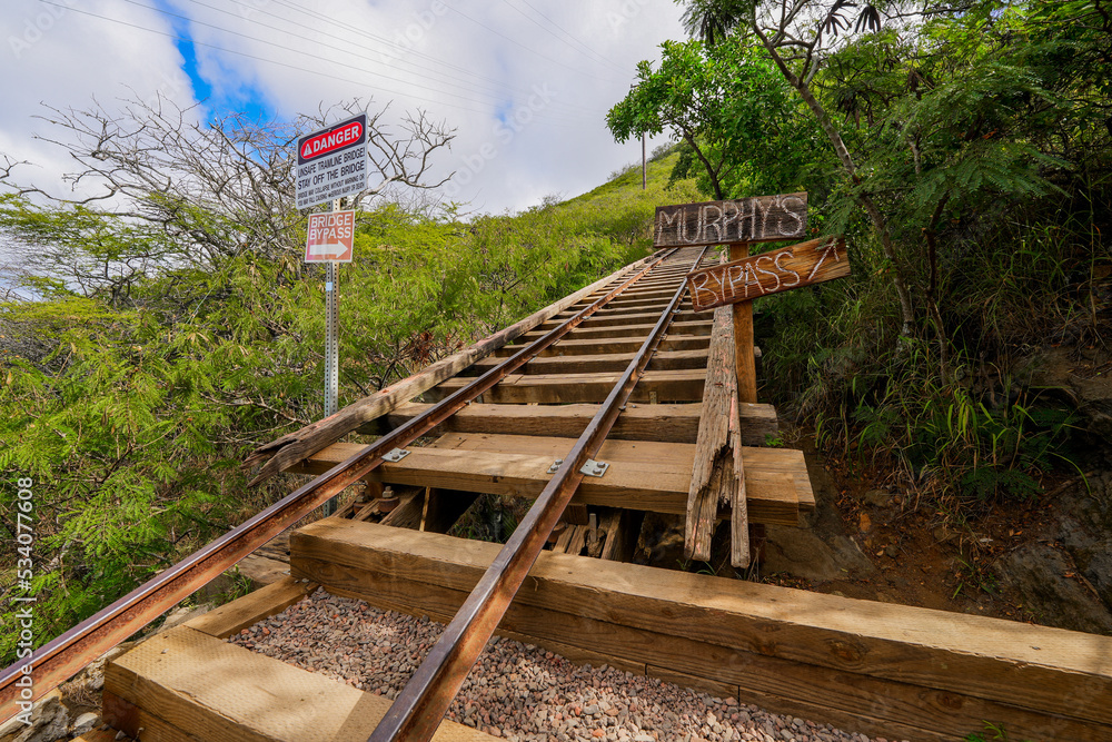 Poster Bypass sign along the rail track of the Koko Crater Railway ...
