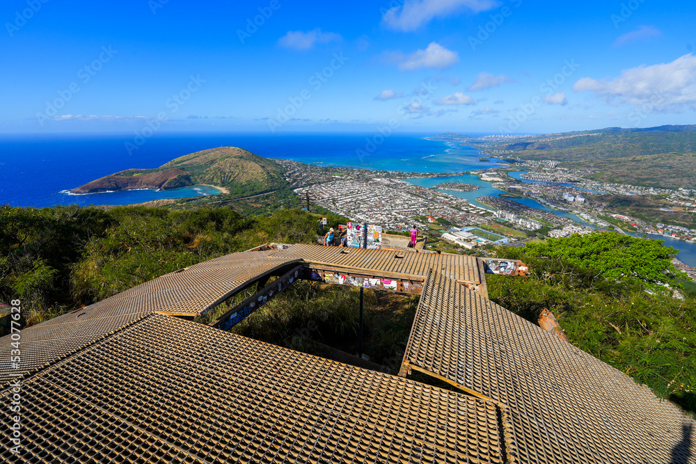 Aerial view of the suburbs of Honolulu and Hanauma Bay on O'ahu island ...