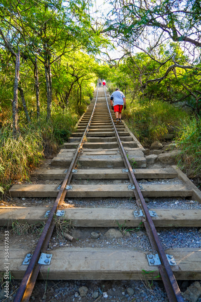 Rail track climbing uphill on the steep slopes of a volcano on Koko ...