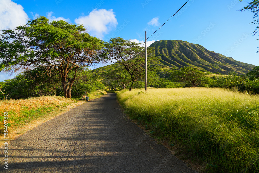 Dirt path surrounding the green slopes of the Koko Crater in the ...
