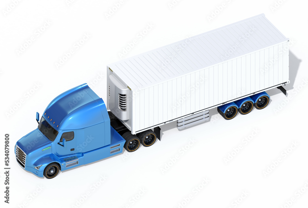 Blue fuel cell powered heavy truck with reefer container isolated on ...