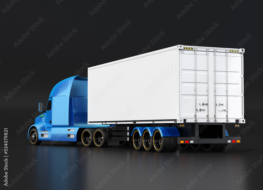 Rear view of blue heavy truck with reefer container on black background ...
