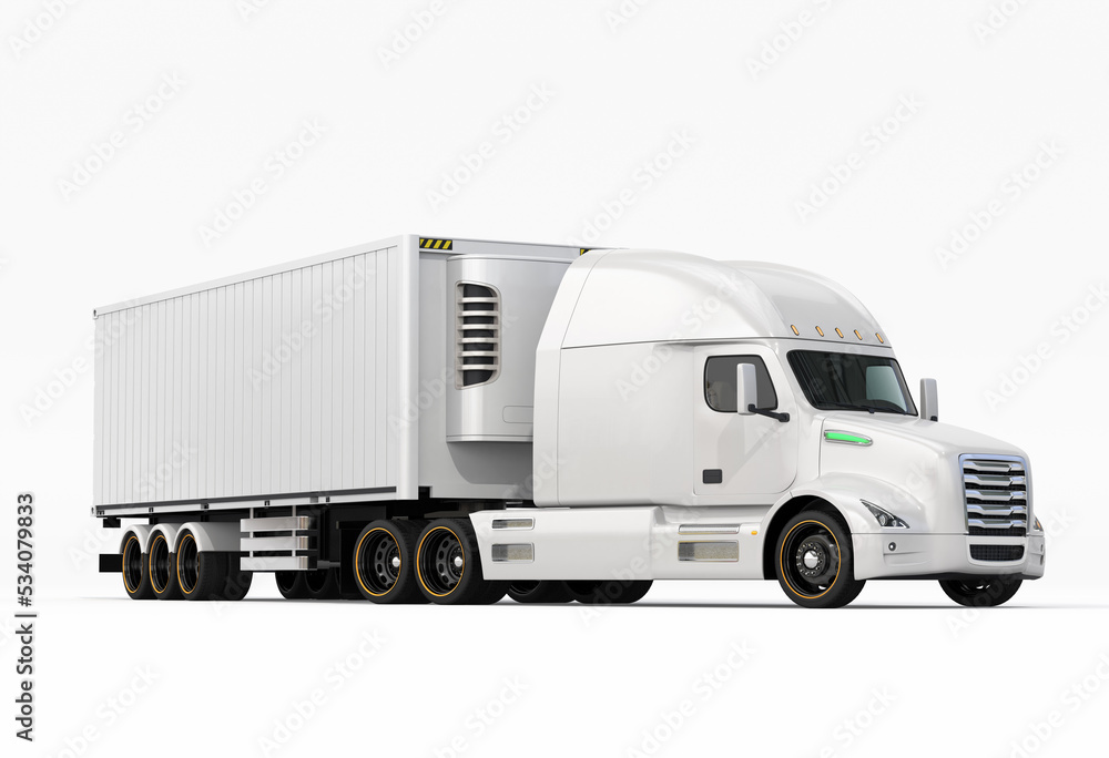 White fuel cell powered heavy truck with reefer container on white ...