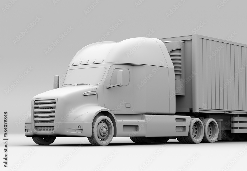 Clay rendering of heavy truck with reefer container. Cold chain concept ...