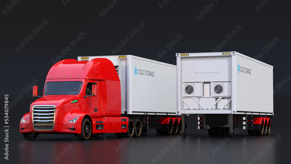 Red electric truck with reefer container and single container trailer ...