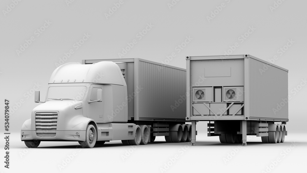 Clay rendering of heavy truck with reefer container. Cold chain concept ...