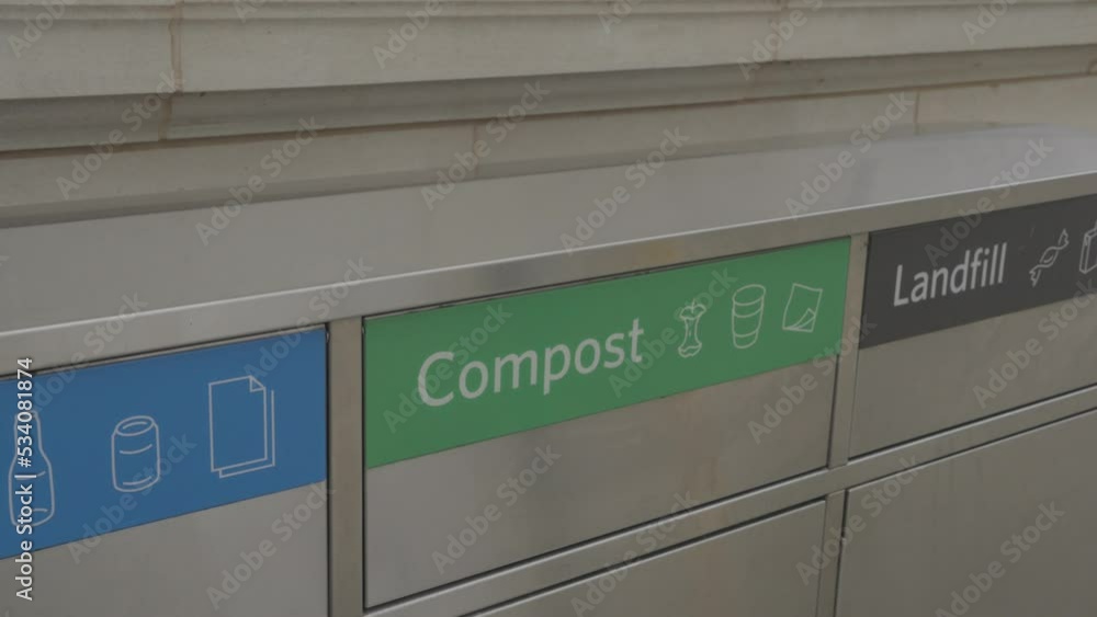 This video shows commercial recycling bins labeled "recycle", "compost ...